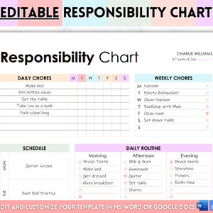 Kids Chore Chart, EDITABLE Responsibility Chart, Family Chore Chart ...
