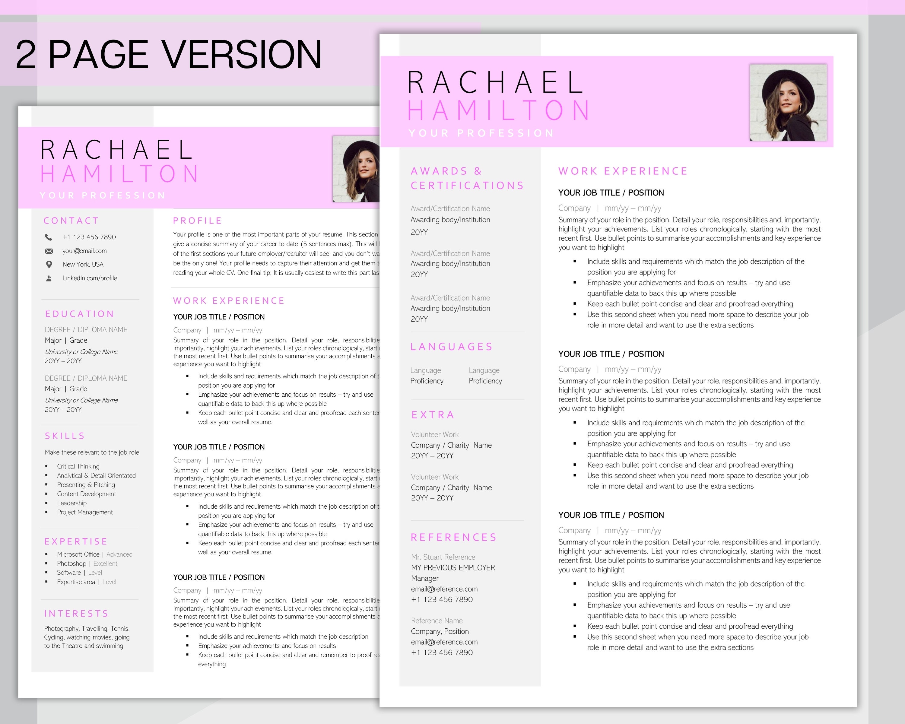 2 Page Resume Template Word. CV Template Professional CV - Etsy UK