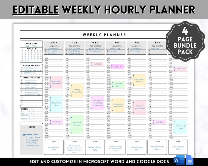 EDITABLE Weekly Planner Printable, Daily Hourly Planner, Weekly ...