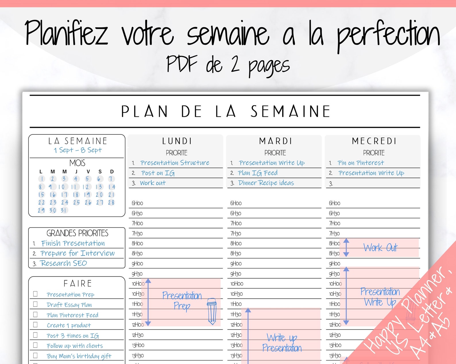 FRENCH Weekly Planner Printable, Français, Hourly Planner, Plan De La ...