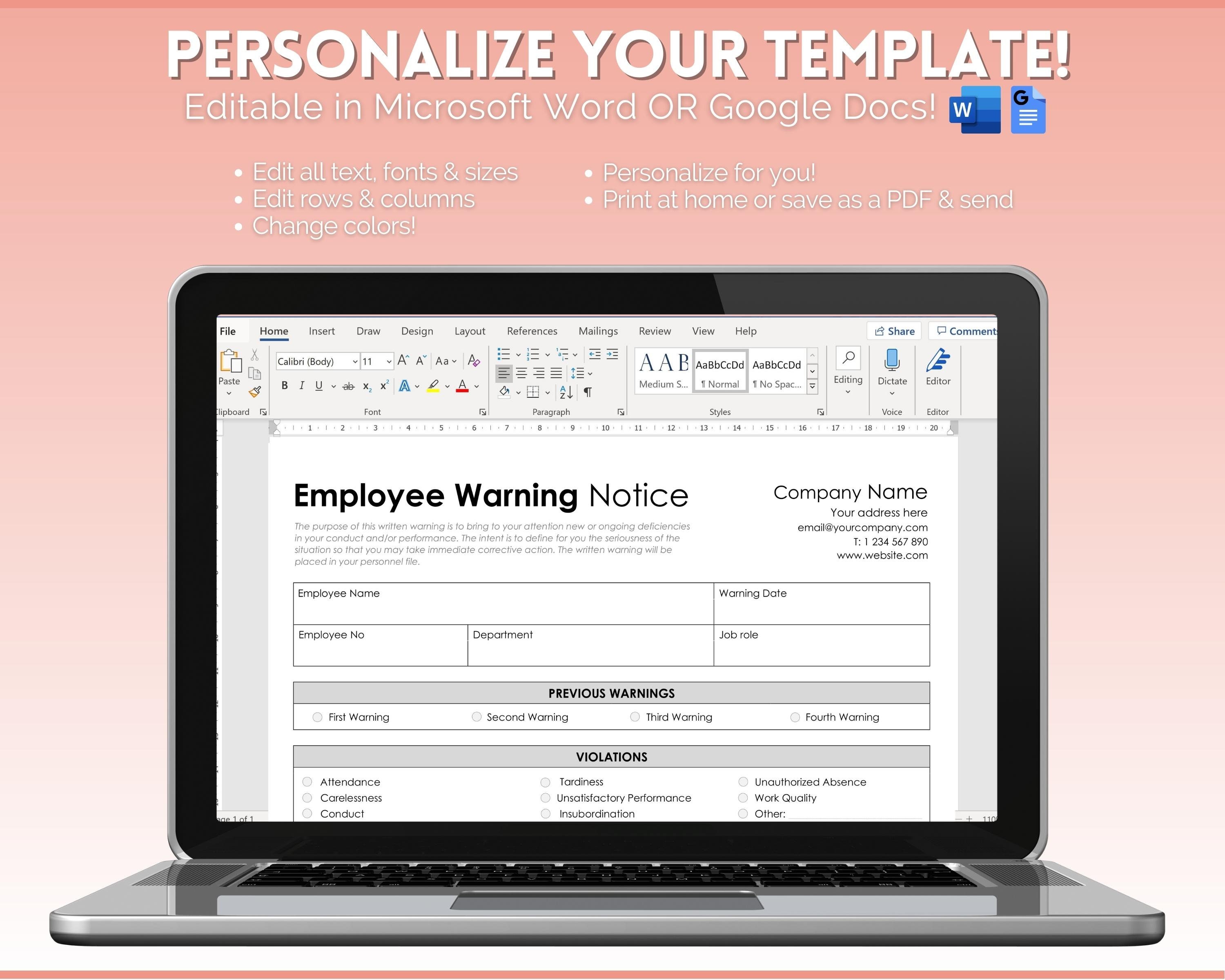 Employee Warning Notice, EDITABLE Disciplinary Form, Small Business ...