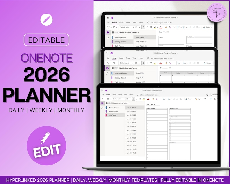 Onenote Planner, EDITABLE 2026 Digital Planner, Onenote Template, Daily, Weekly, Monthly ...