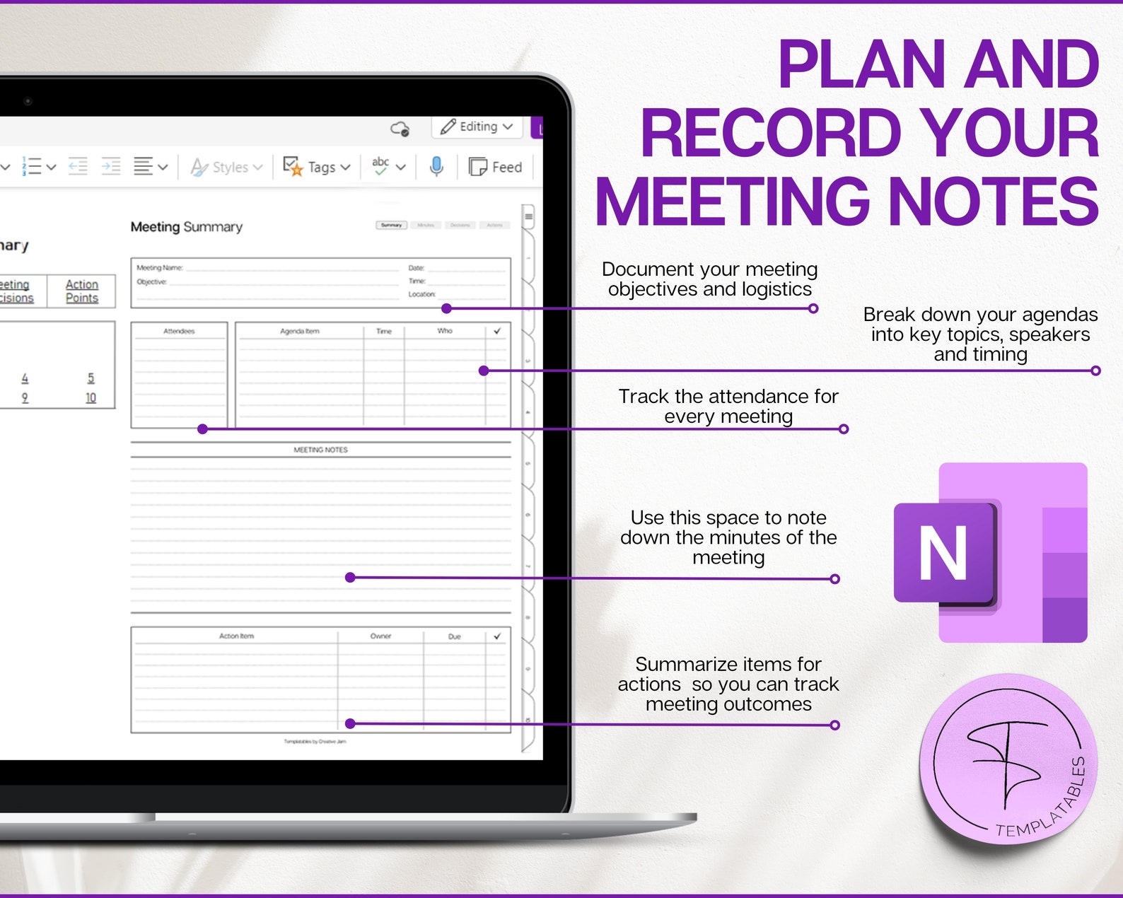 Onenote Meeting Notes Template, Editable Meeting Minutes, Digital ...