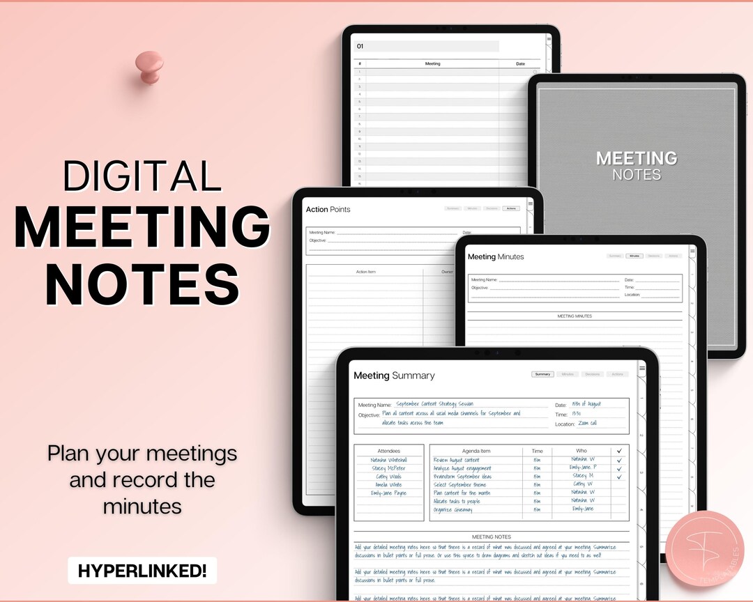 Meeting Minutes Template, Digital Meeting Notes, Digital Planner ...