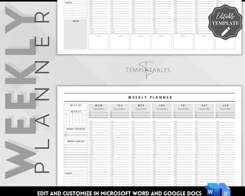 Weekly Hourly Planner EDITABLE Weekly Schedule, Daily Planner, Undated ...