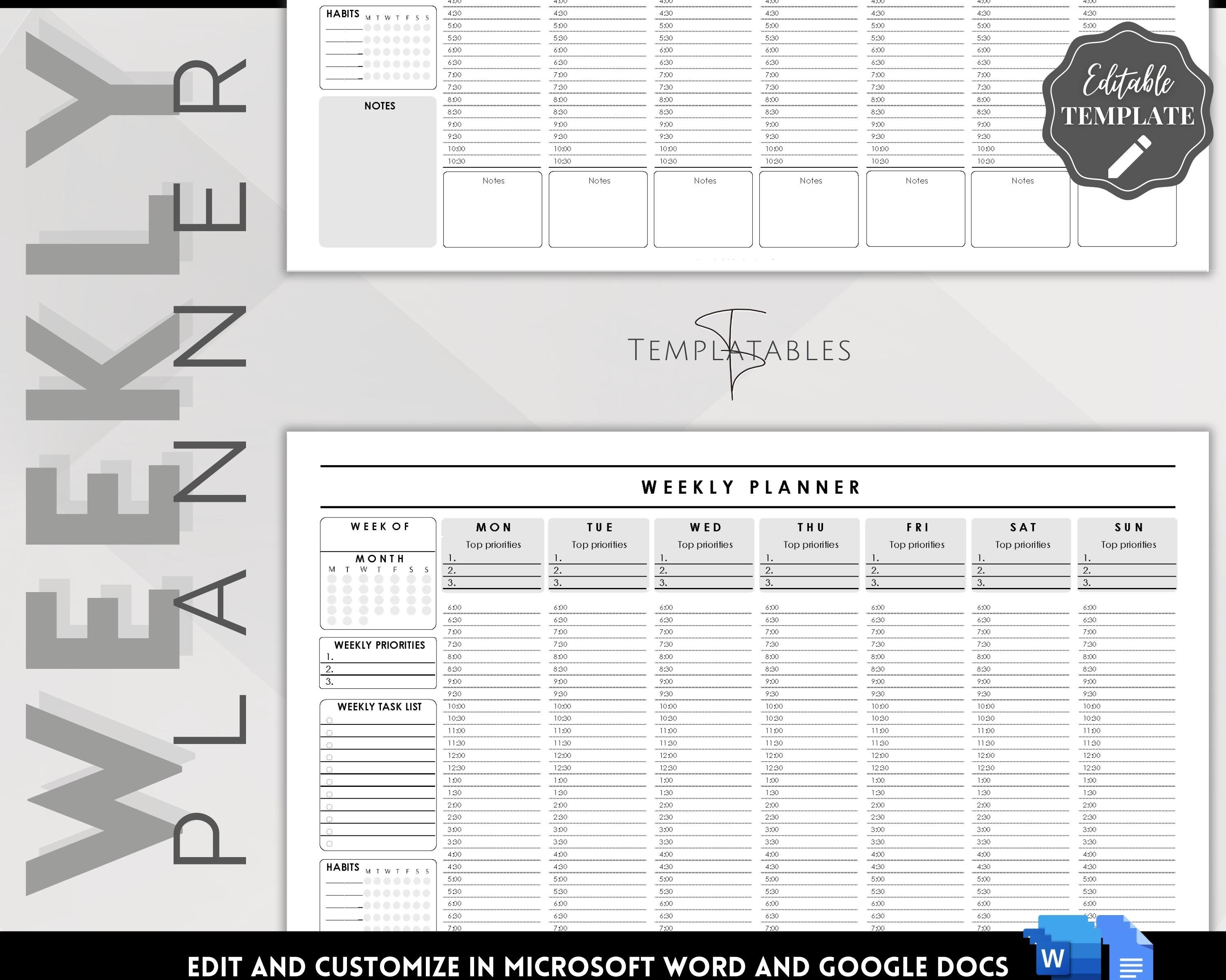 EDITABLE Weekly Planner Printable Daily Hourly Planner - Etsy Australia