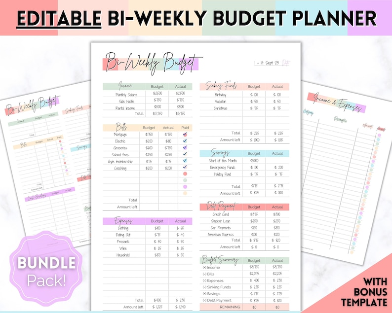 EDITABLE Biweekly Budget Planner Bi-weekly Template PDF - Etsy