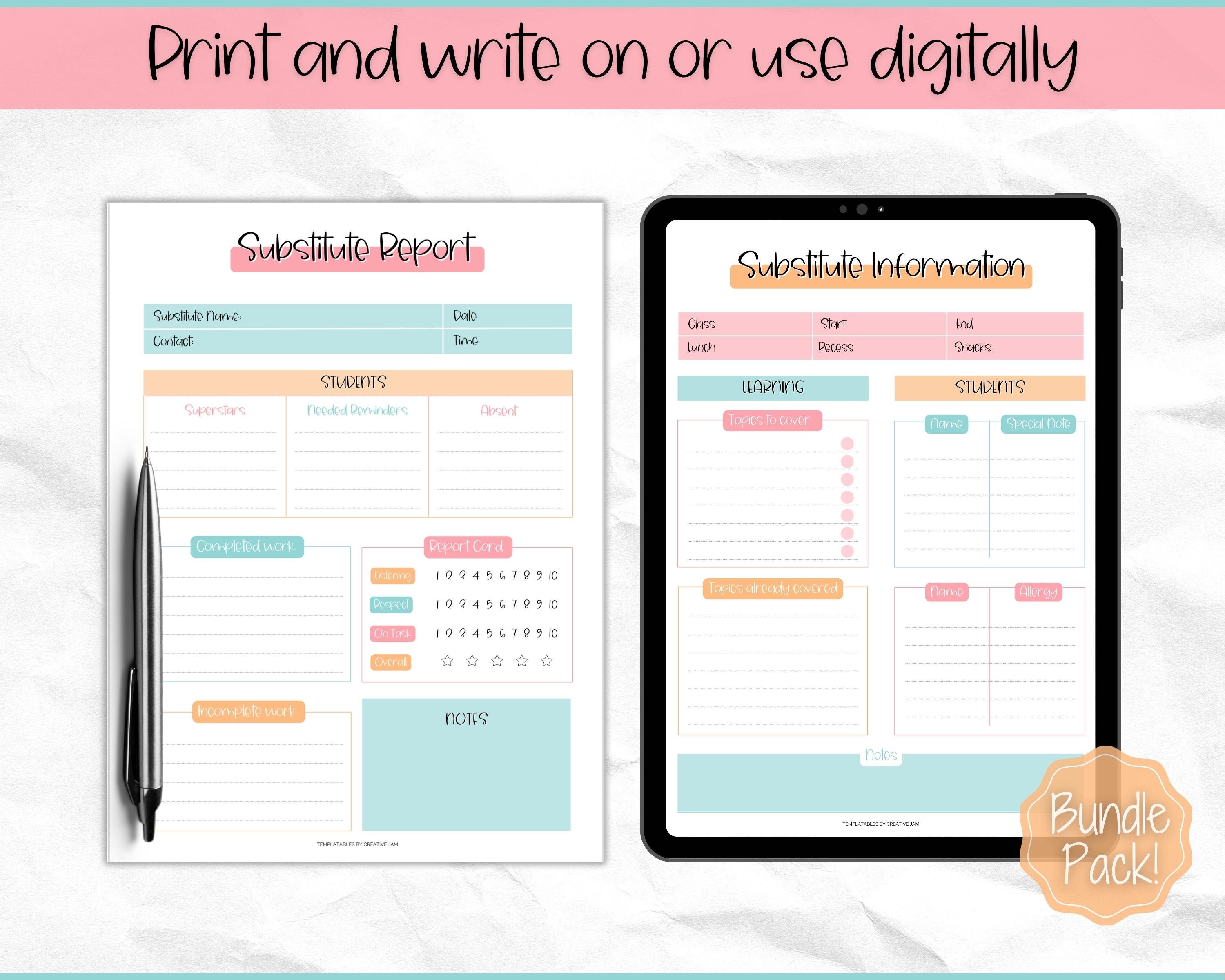 Substitute Teacher Note, Printable Teacher Planner Template, While You ...