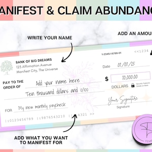 COLORFUL Manifestation Check Templates, Money Magnet, Vision Board, Law ...