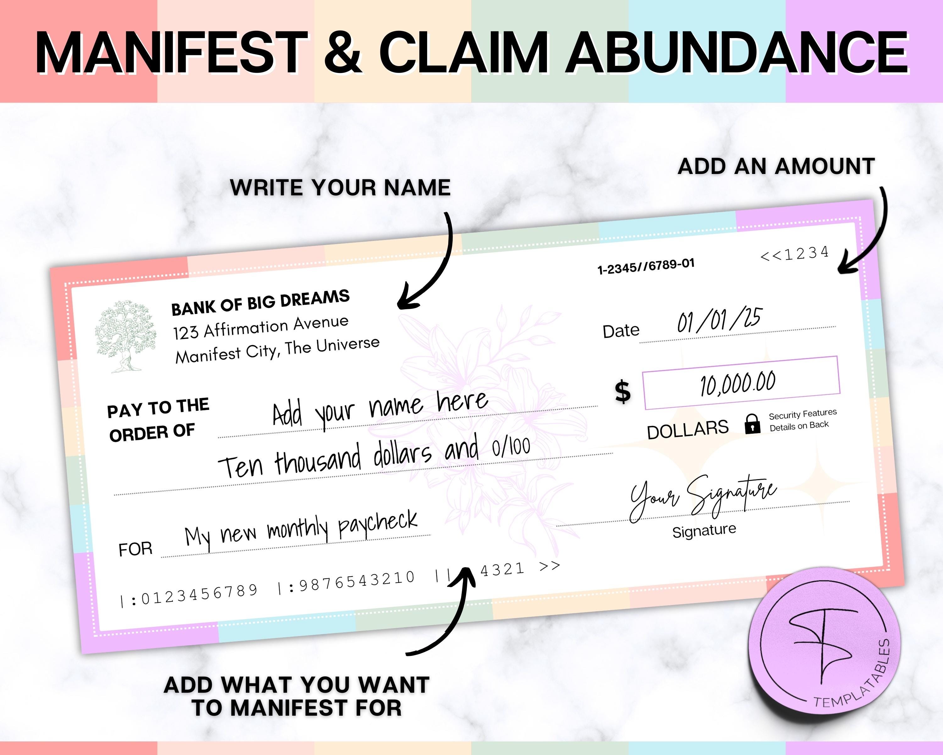 COLORFUL Manifestation Check Templates, Money Magnet, Vision Board, Law ...