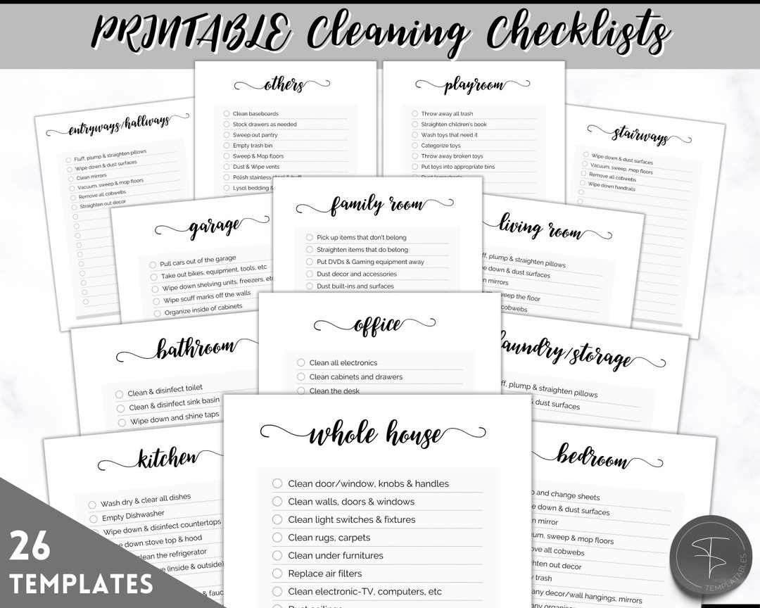 Room by Room Cleaning Cards, Printable Family & Kids Cleaning Checklist ...