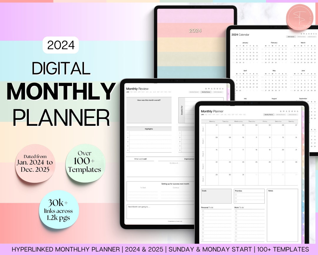 2024 Monthly Planner, Hyperlinked Digital Calendar, Monthly Planner ...