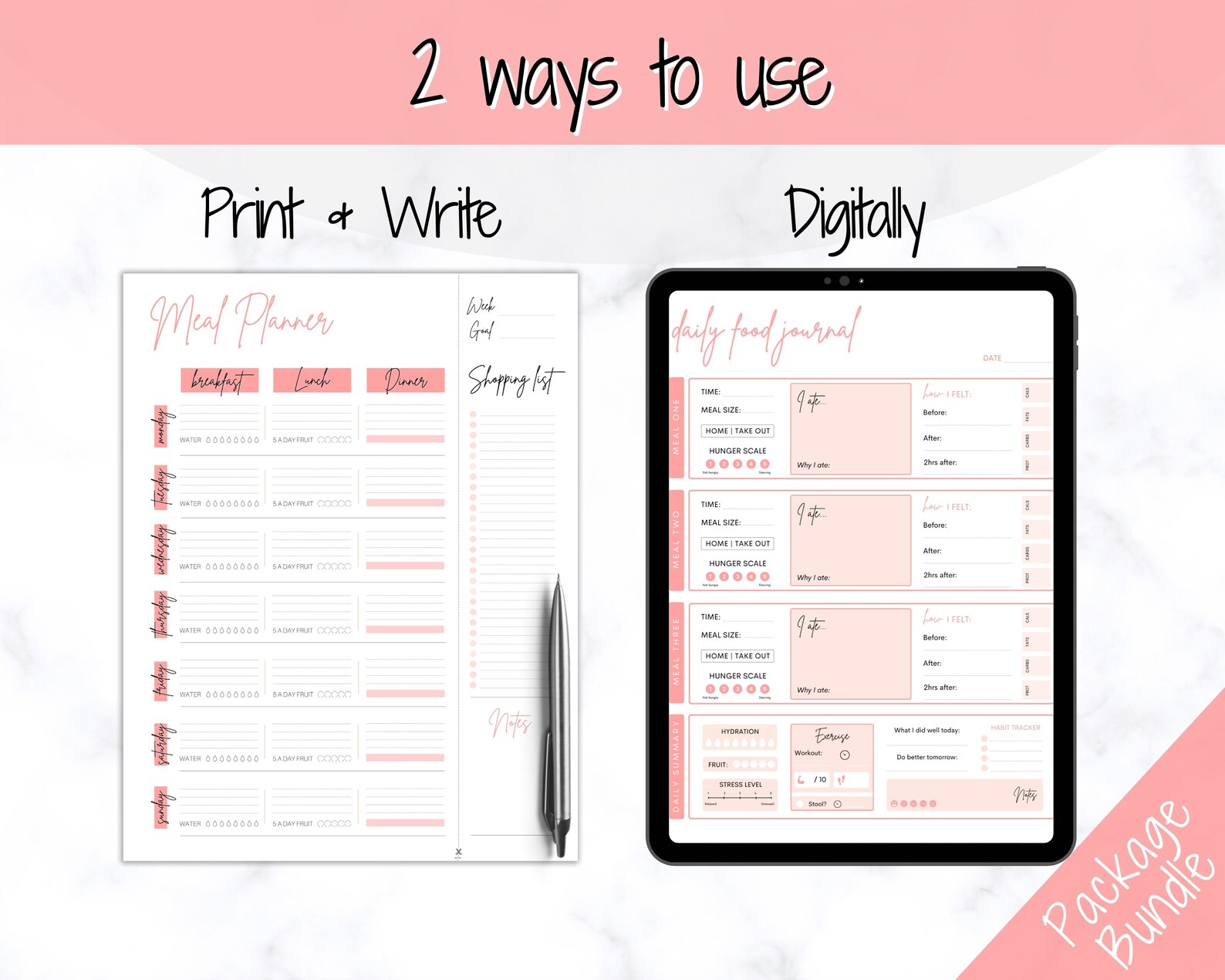 PINK Meal Planner Printable BUNDLE Weekly Food Diary Meal | Etsy
