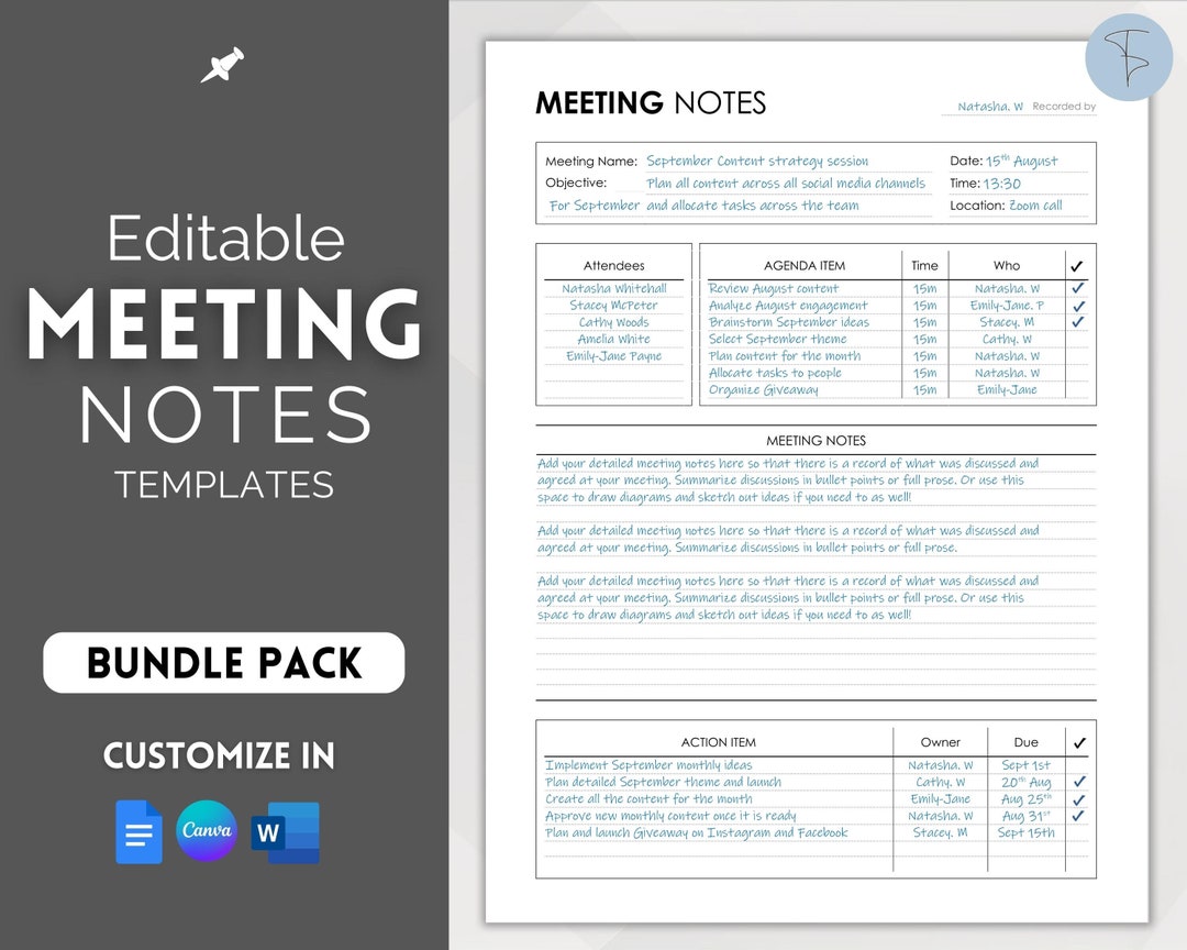 Meeting Minutes Template, Editable Meeting Notes, Printable Business ...