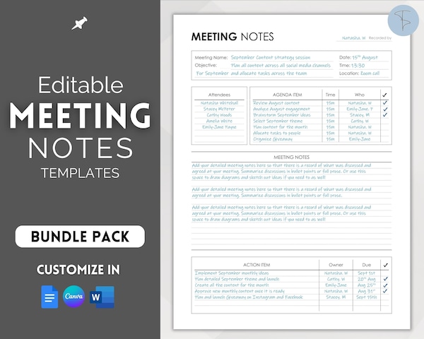 Meeting Notes Template Agenda Minutes Action List - Etsy Canada