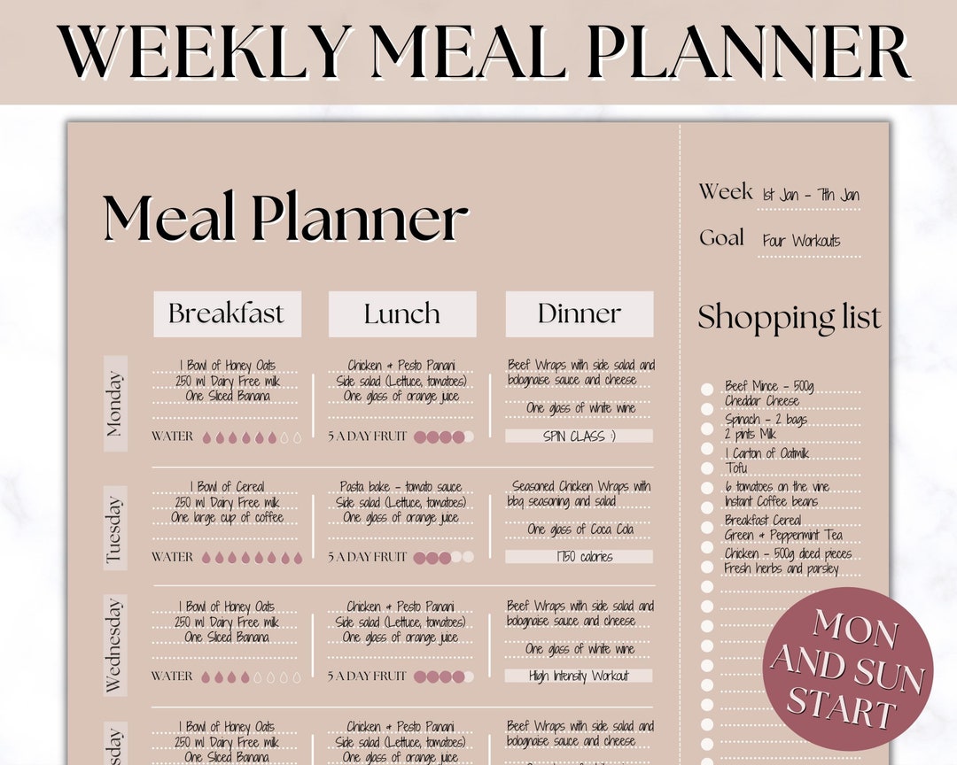Boho Meal Planner Printable, Weekly Food Diary, Meal Tracker, Food ...