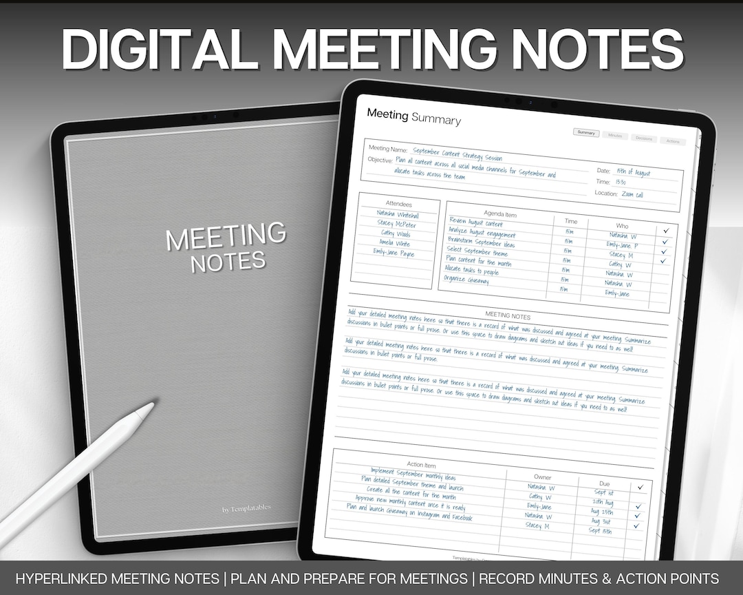 Digital Meeting Notes Template, Editable Meeting Minutes, Digital ...