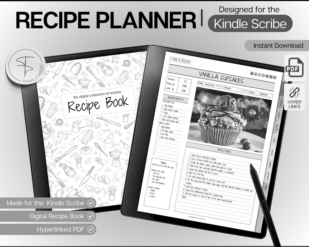 Recipe Book Template for Kindle Scribe, Digital Recipe Planner, Meal ...