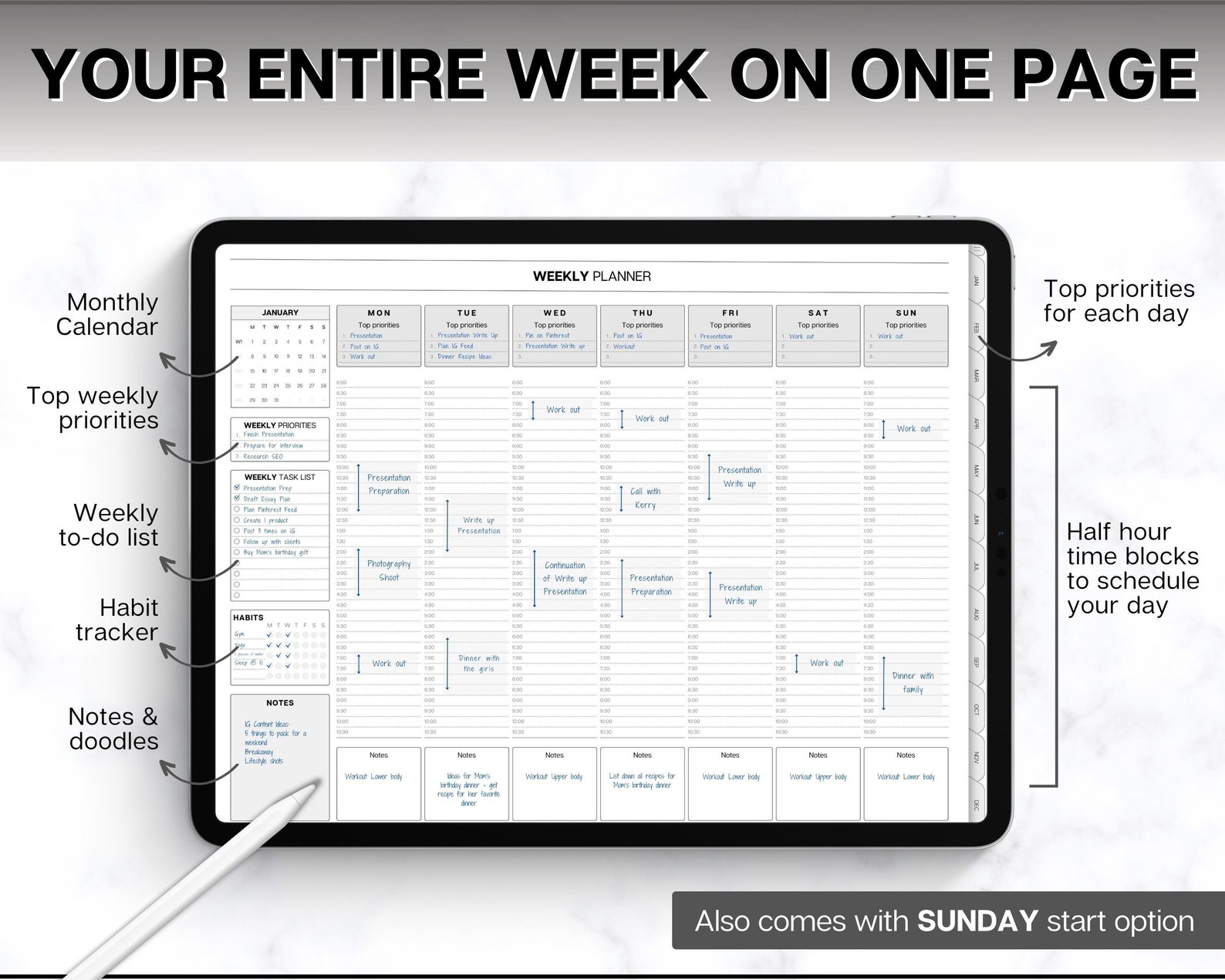 WEEKLY Hourly Digital Planner, 2024 Digital Planner, iPad Planner ...