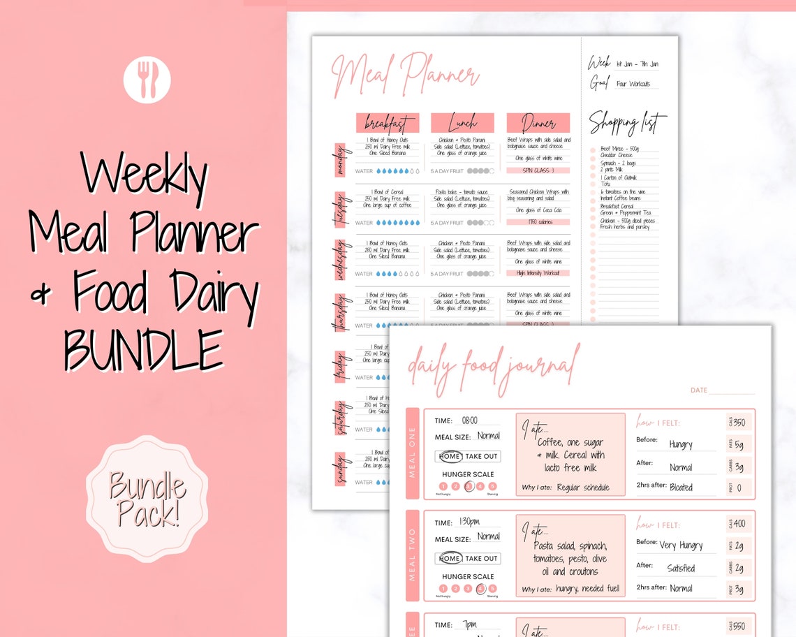 PINK Meal Planner Printable BUNDLE Weekly Food Diary Meal | Etsy