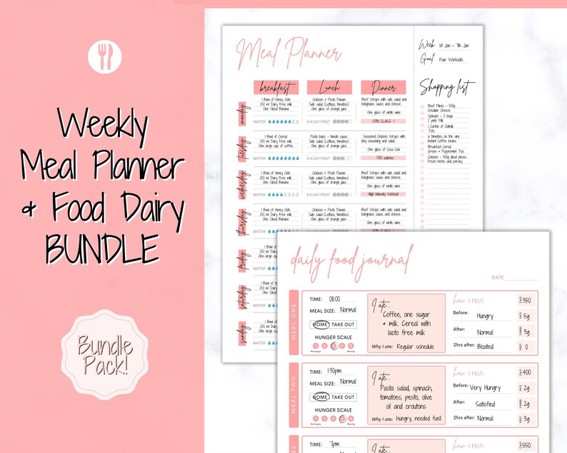 PINK Meal Planner Printable BUNDLE Weekly Food Diary Meal - Etsy