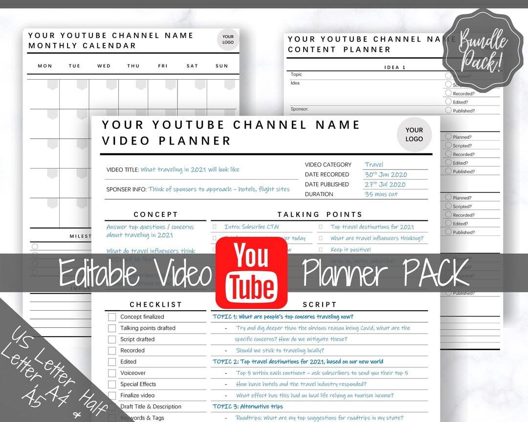 Youtube Planner, Video Planner, Social Media Content Calendar, EDITABLE ...