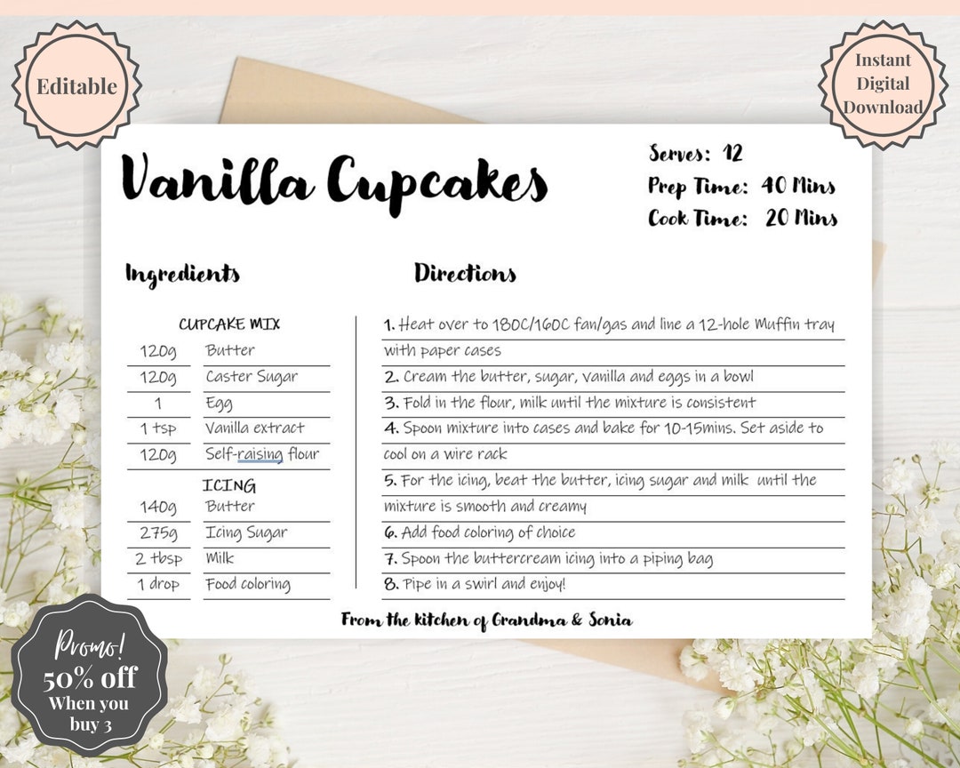 EDITABLE Recipe Card Template, Recipe Template, Recipe Cards Printable ...