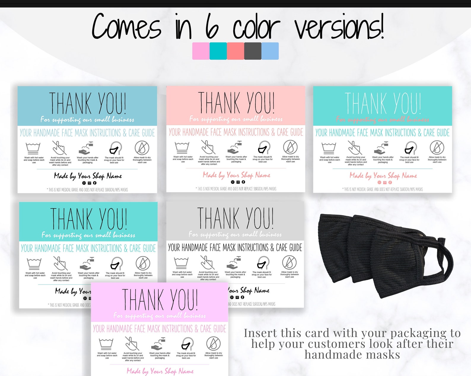 EDITABLE Face Mask Label Care Card THANK YOU for Your Order | Etsy