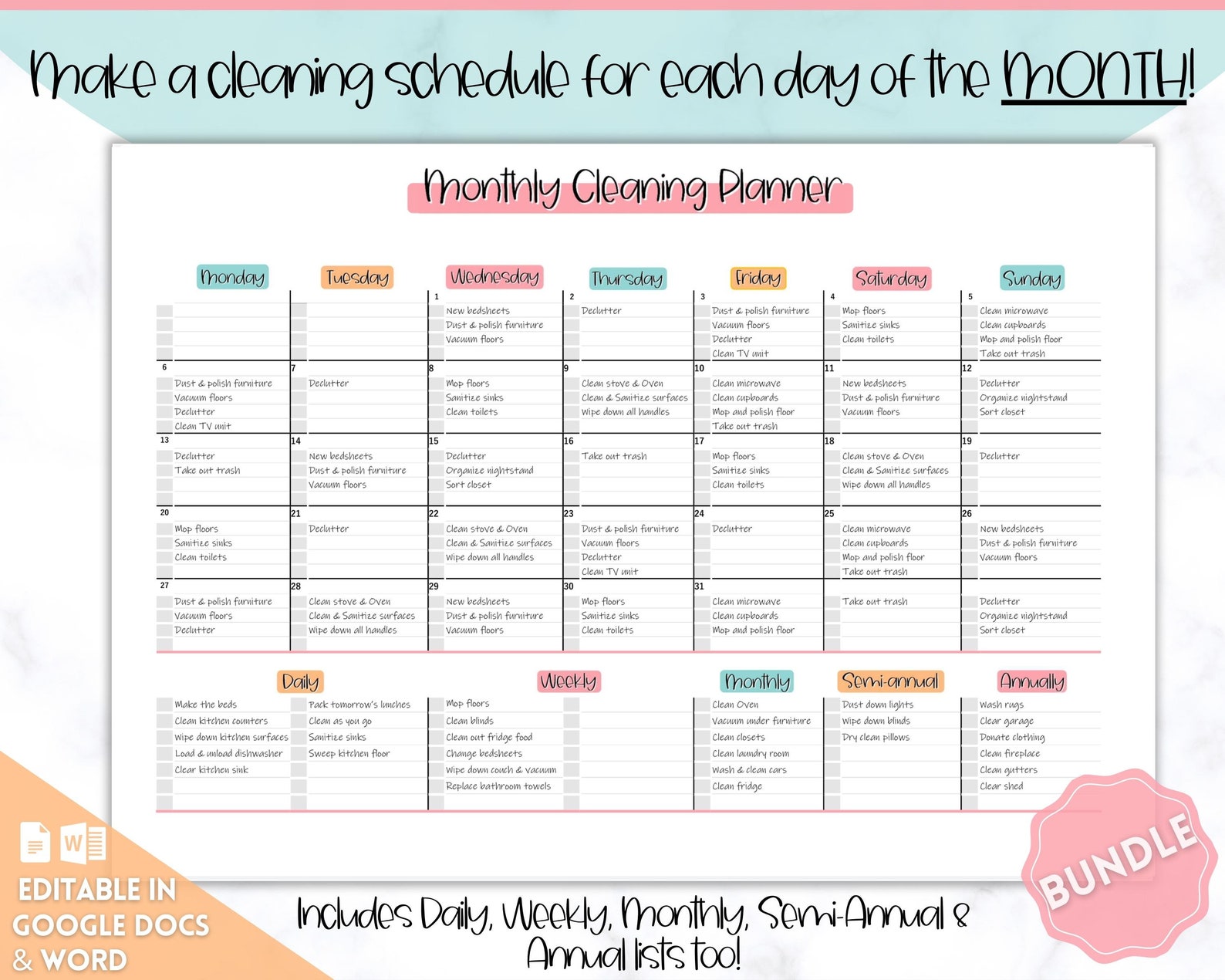 COLORFUL Cleaning Schedule EDITABLE Cleaning Checklist - Etsy