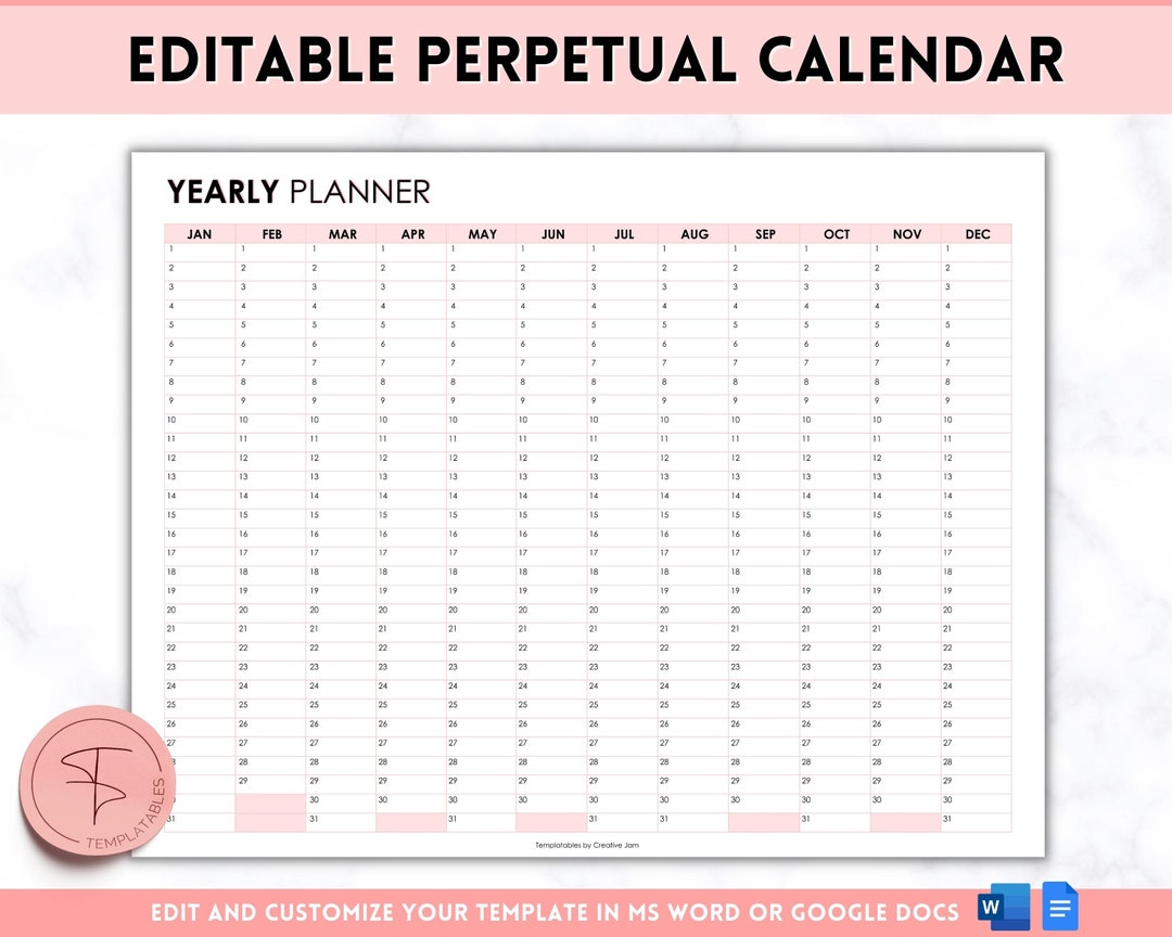 EDITABLE Perpetual Calendar, Undated Year at a Glance, Reusable ...