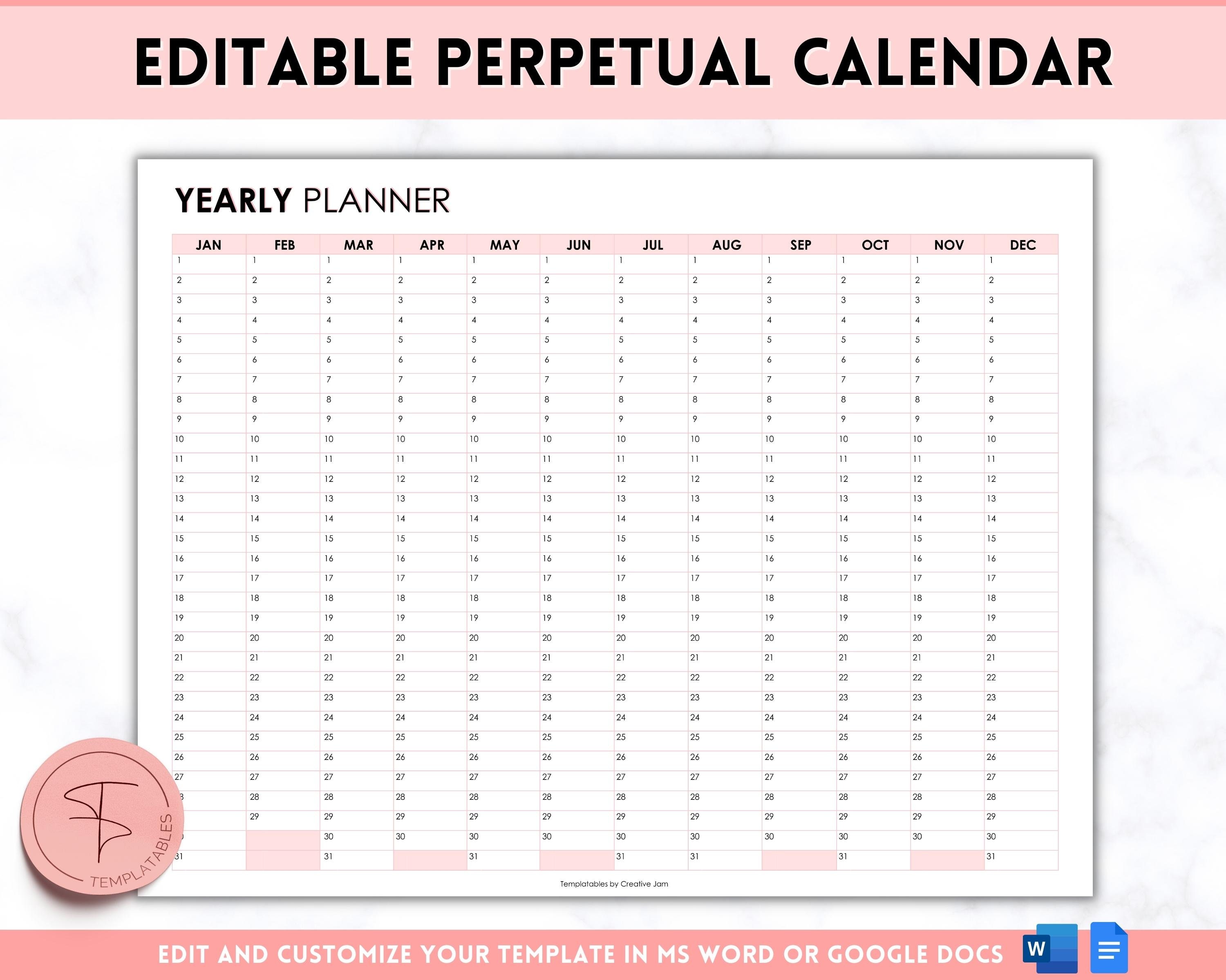 EDITABLE Perpetual Calendar, Undated Year at a Glance, Reusable ...