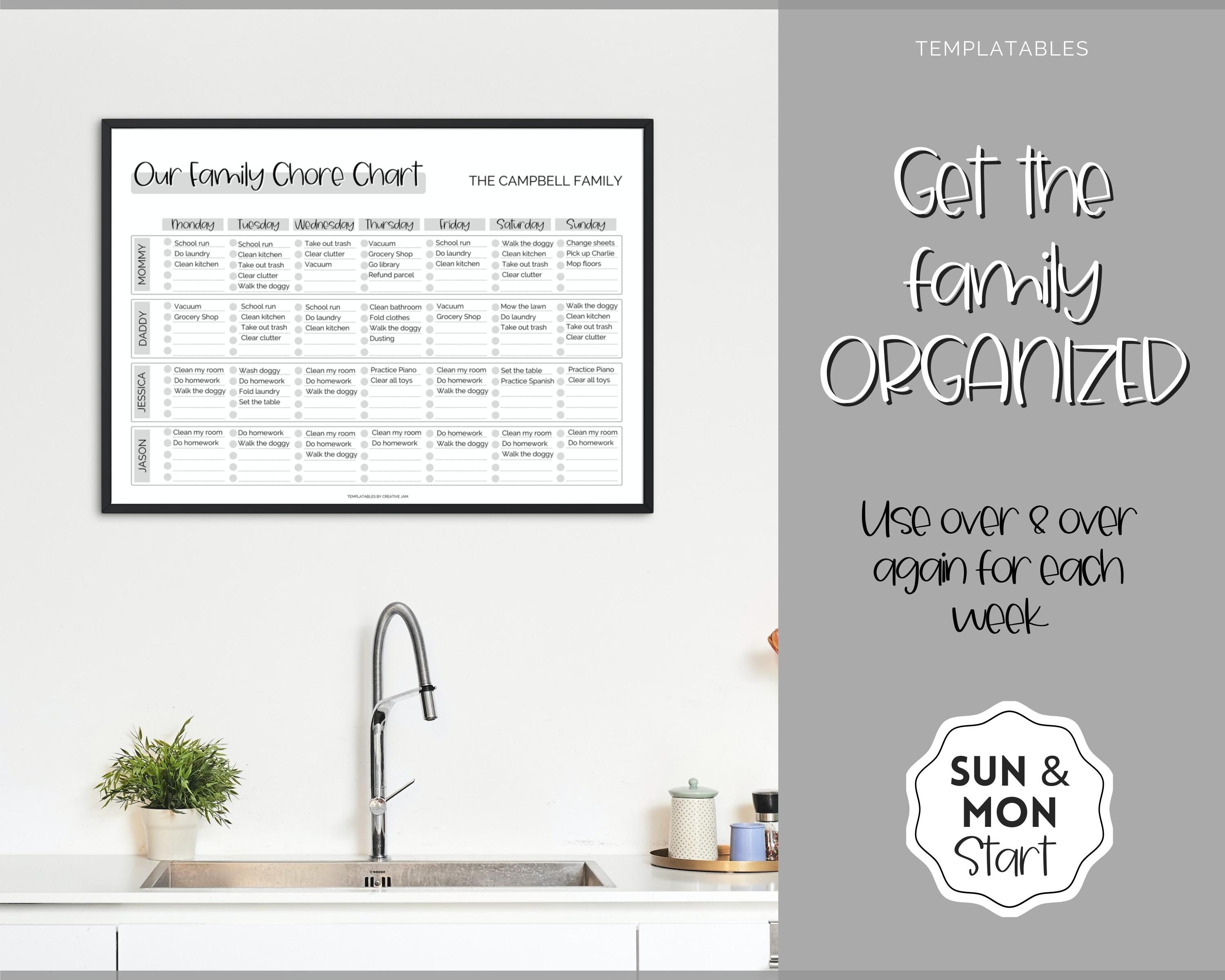 Family Chore Chart, Editable Family Planner Printable, Weekly Family ...
