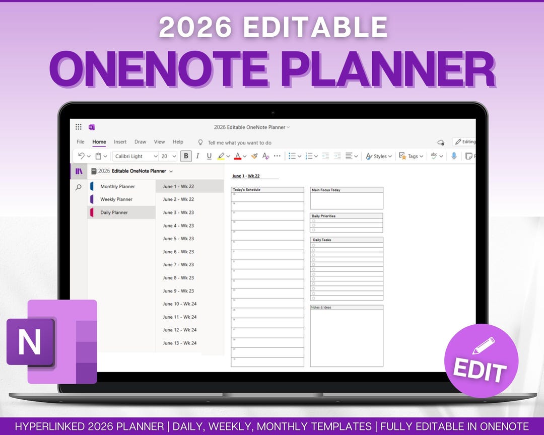 Onenote Planner, EDITABLE 2026 Digital Planner, Onenote Template, Daily ...