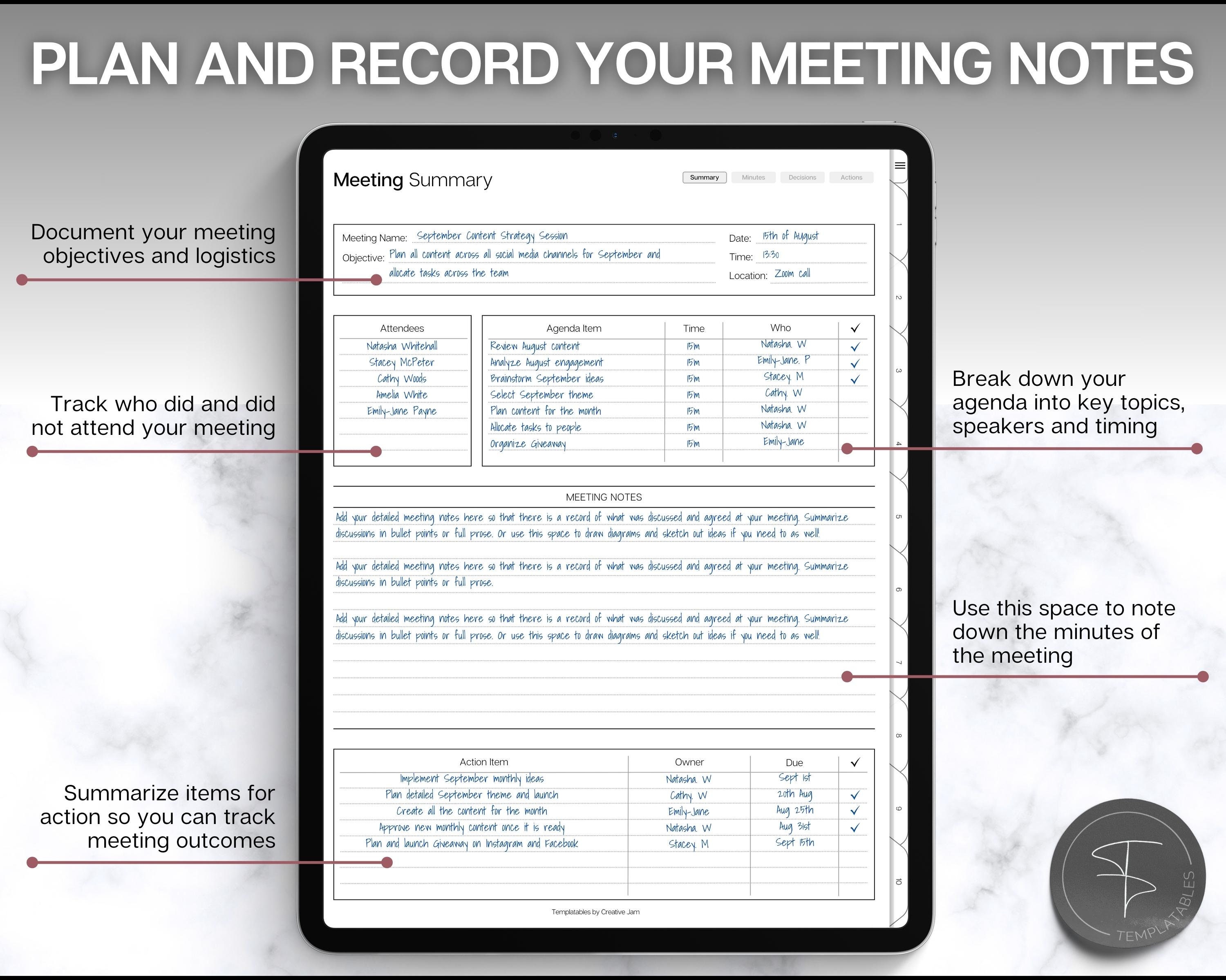 Digital Meeting Minutes Template, Editable Meeting Notes, Digital ...