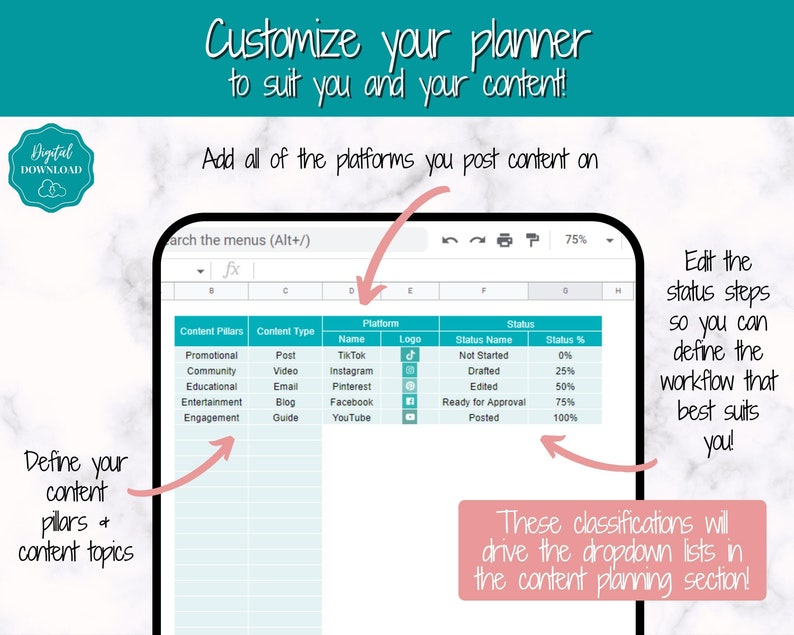 Editable Content Calendar, Google Sheets Spreadsheet, Social Media ...
