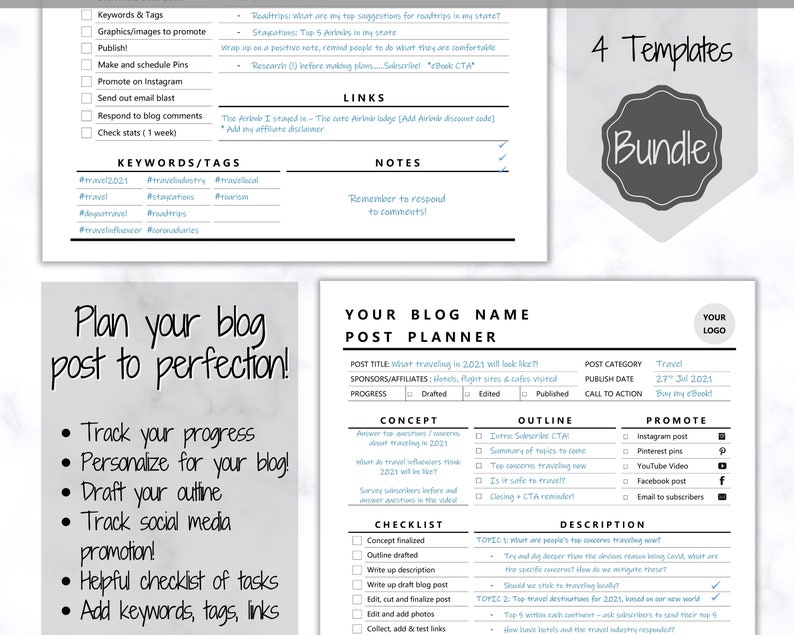 Blog Post Planner Templates EDITABLE Blogger Bundle Blog - Etsy