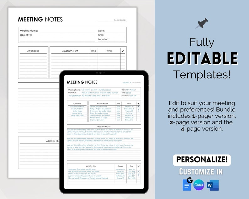 Editable Meeting Notes Template Printable Business Meeting - Etsy