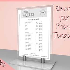 Tshirt PRICE LIST Template Editable. Printable Price Sheet, Price Guide ...