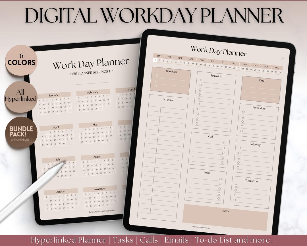 Work Planner, Digital Planner, Work Day Organizer, Daily Planner, Work ...