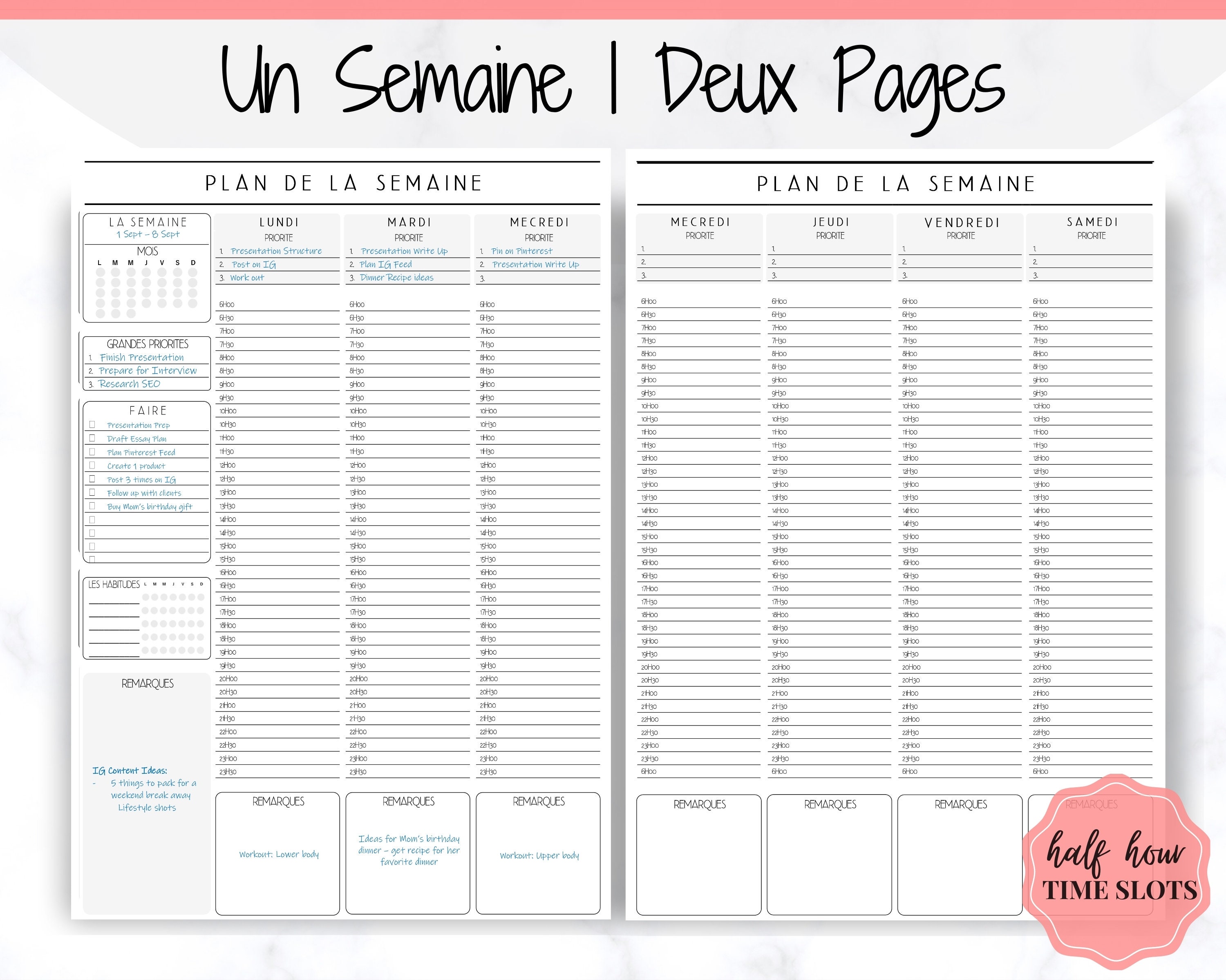 FRENCH Weekly Planner Printable Français Hourly Planner - Etsy