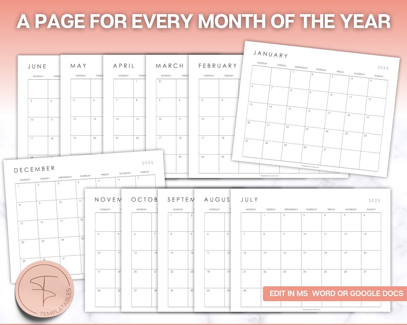 EDITABLE Monthly Calendar Template | 2024 & 2025 Included! Editable ...