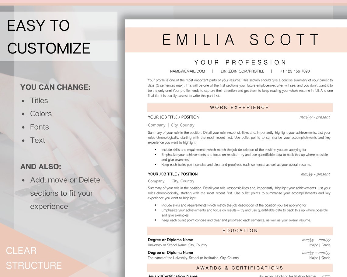 ONE Page Resume Template Word. CV Template Professional Cv - Etsy UK