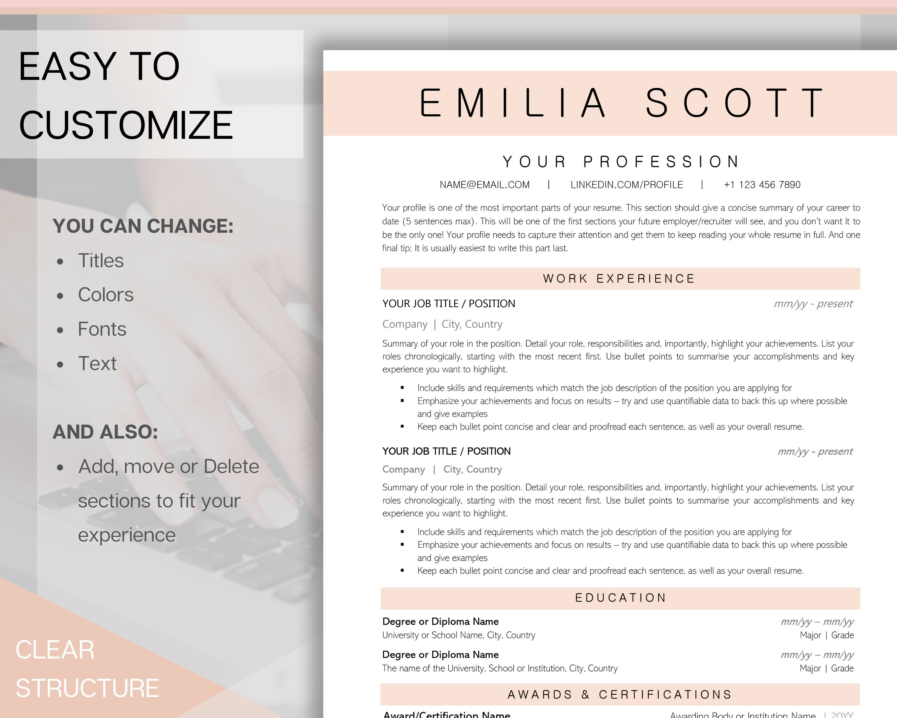 ONE Page Resume Template Word. CV Template Professional Cv - Etsy UK