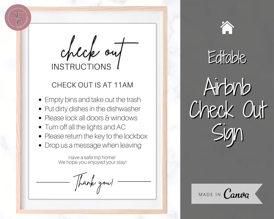 Airbnb Check Out Sign Editable Checklist Template House | Etsy