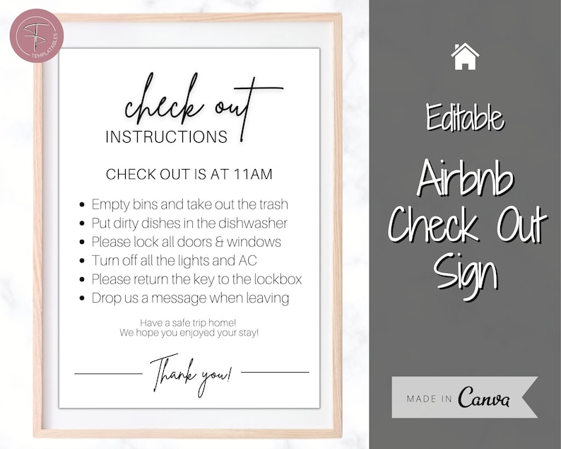 Airbnb Check Out Sign Editable Checklist Template House | Etsy