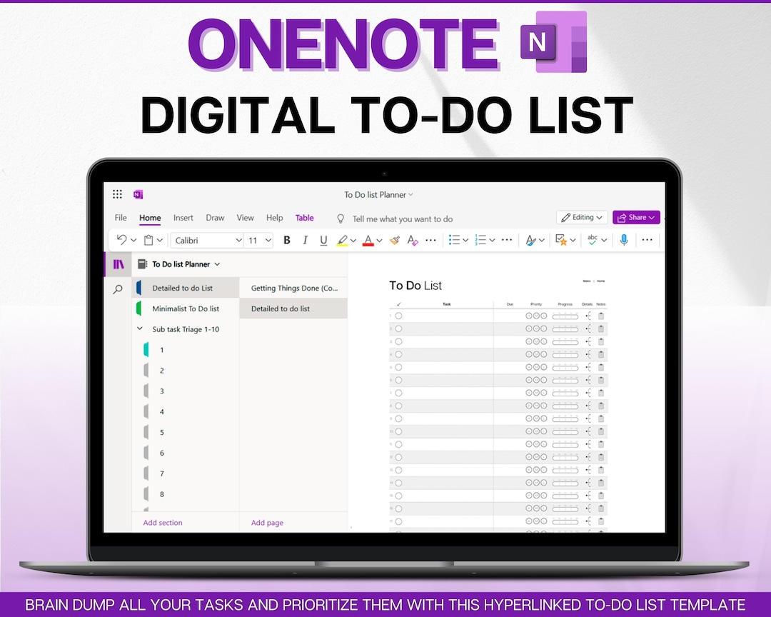 Onenote to Do List Template, Hyperlinked to Do List for One Note ...