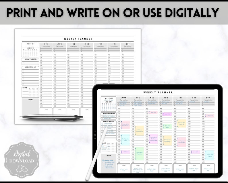 Weekly Hourly Planner Printable Weekly Schedule Daily - Etsy