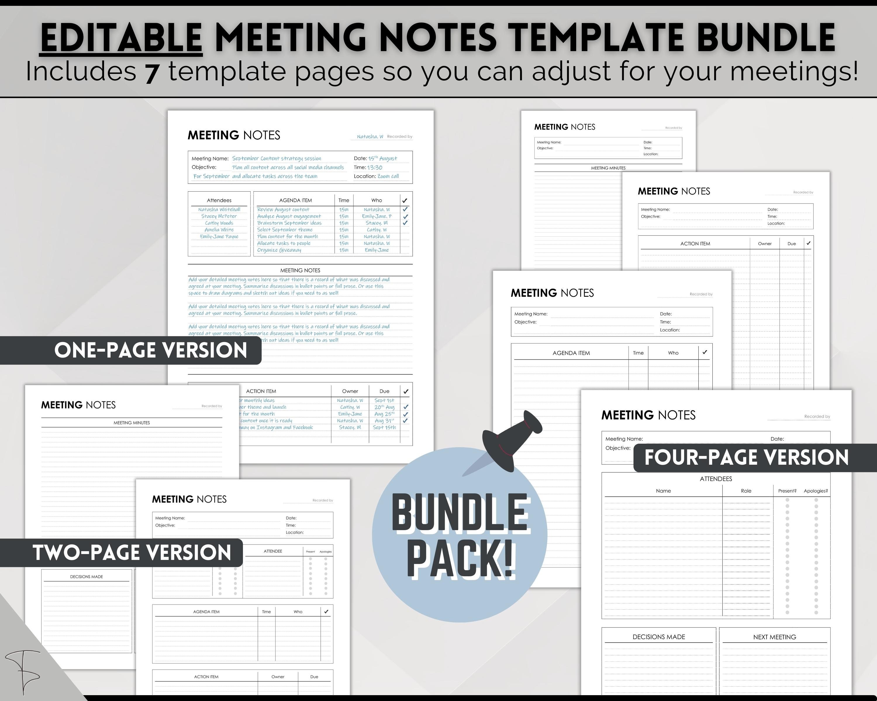 Meeting Minutes Template, Editable Meeting Notes, Printable Business ...