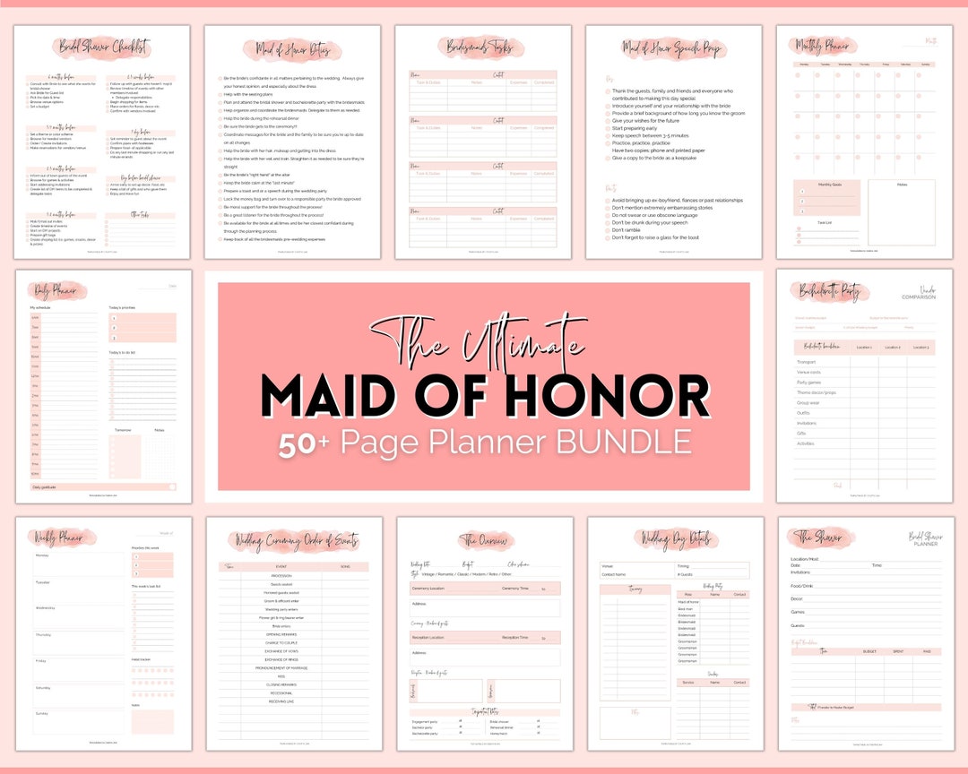 Maid of Honor Planner, 50pg Matron of Honor Wedding Planner Bundle, MOH ...