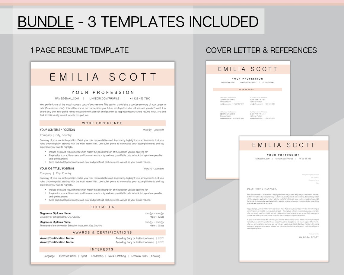 ONE Page Resume Template Word. CV Template Professional Cv - Etsy UK